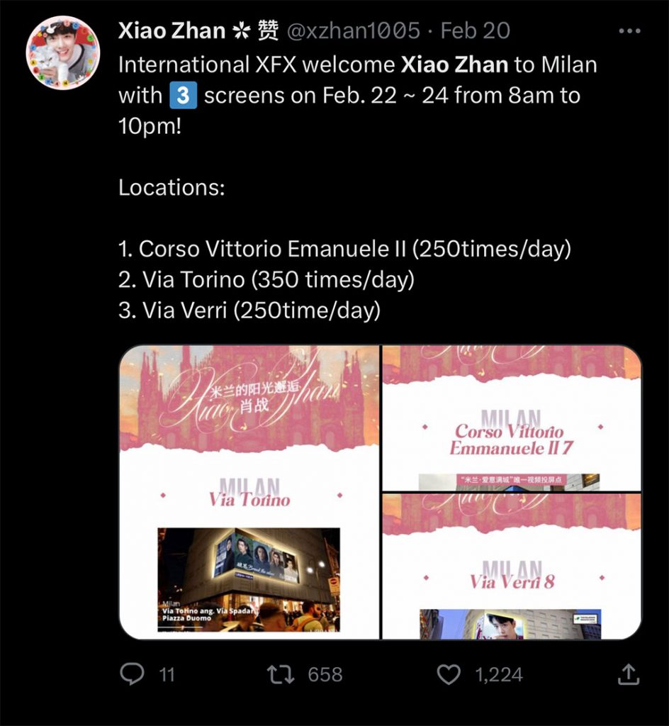 Tiêu Chiến đến Milan dự tuần lễ thời trang, fan chào đón với biển hiệu rợp trời